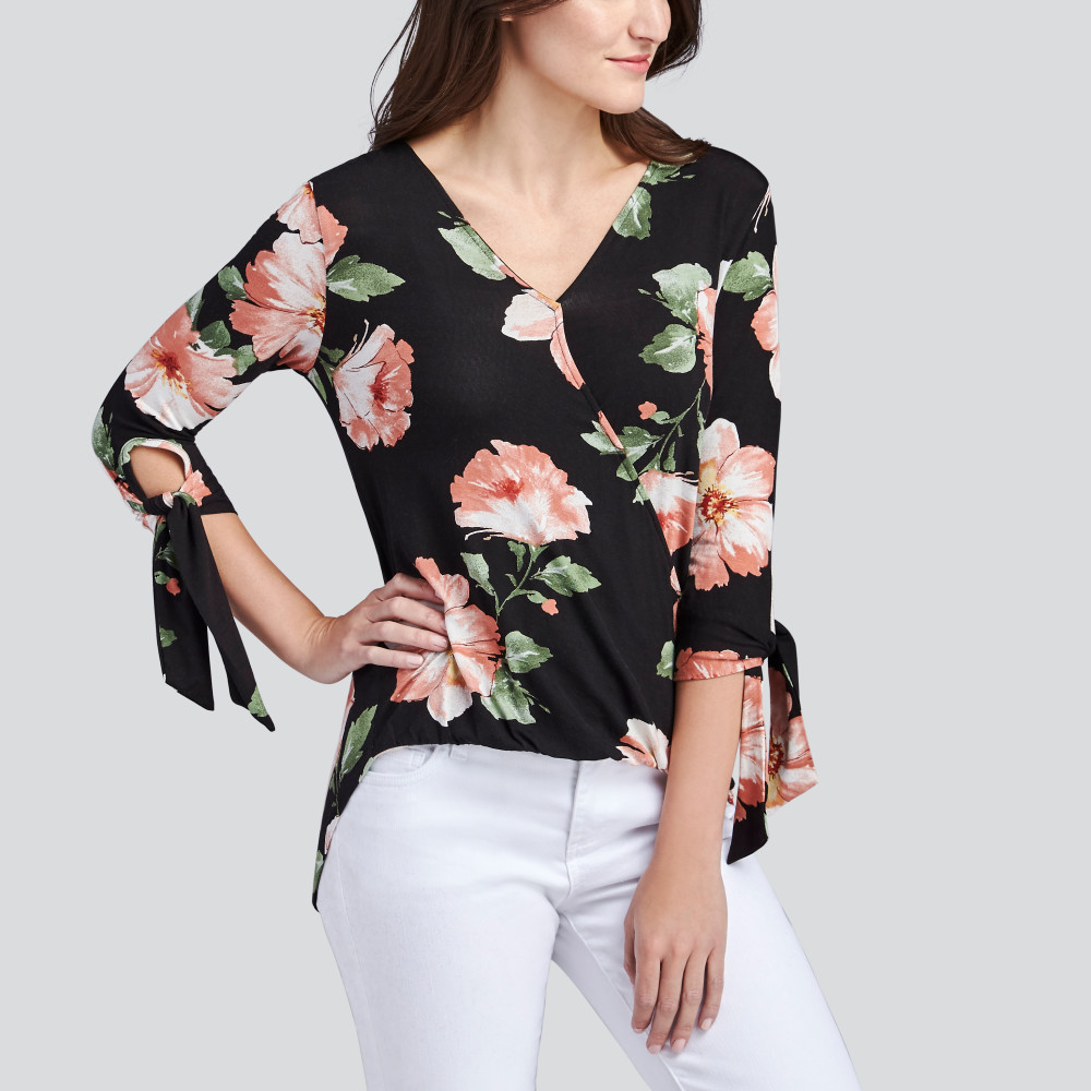Floral Wrap Blouse w/ Tie in Black Floral | Wantable